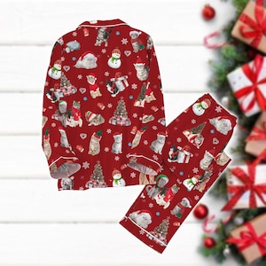 Christmas Cat Pajamas Set, Santa Cat Holiday Pajamas, Meowy Catmas ...