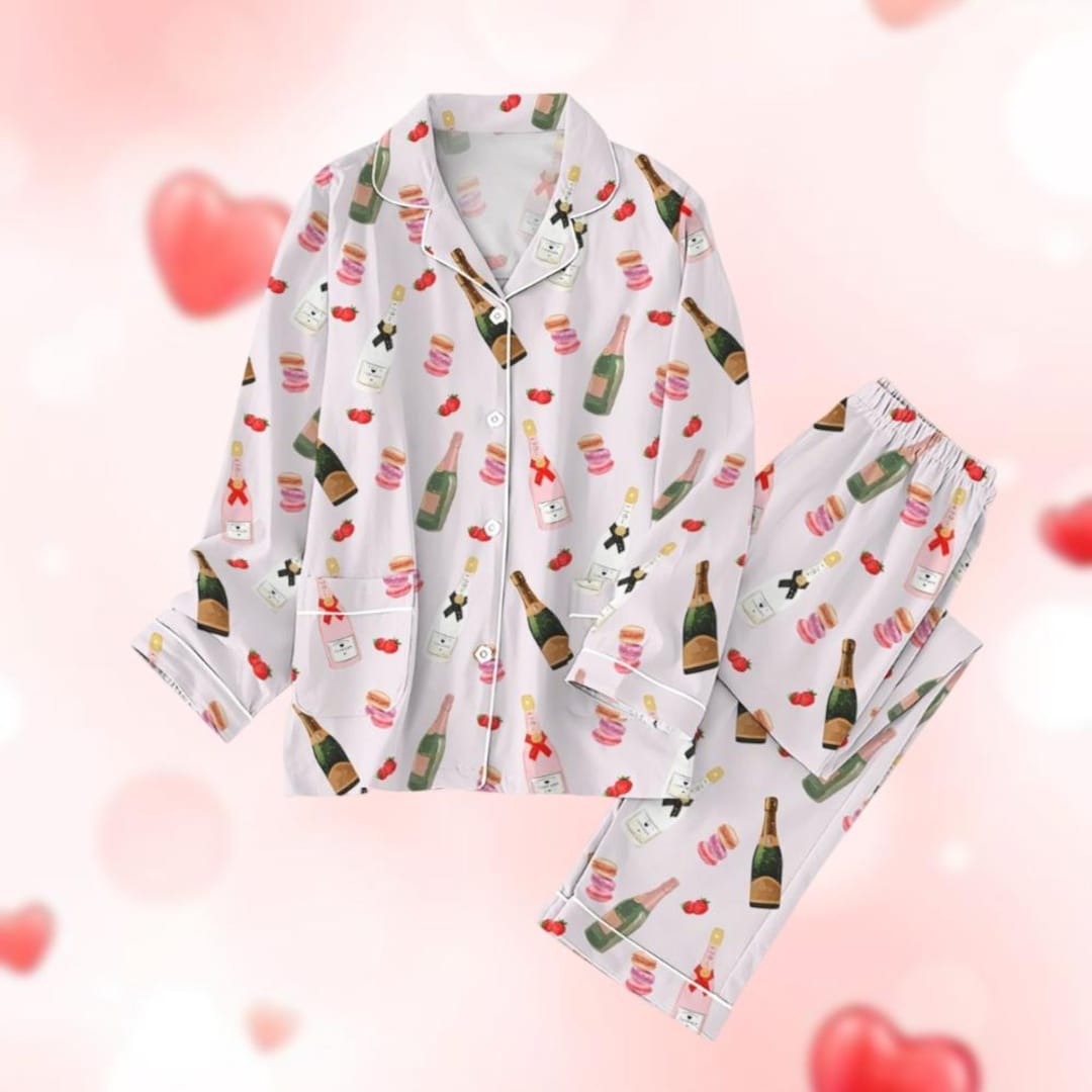 Valentine Champagne Wine Pajamas Set, Wine Drinker Pajamas for Party ...