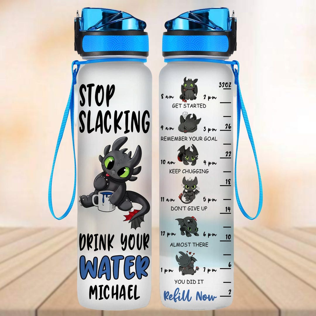 Custom Toothless Water Tracker Bottle, Cute Dragon Water Bottle 32oz ...
