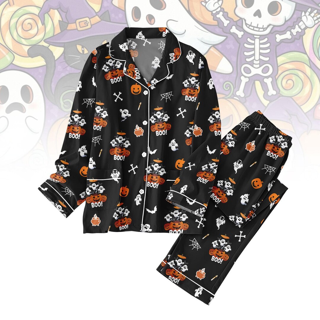 Boo Ghost Halloween Pajama Set, Cute Pumpkin Skeleton Women Pajamas ...