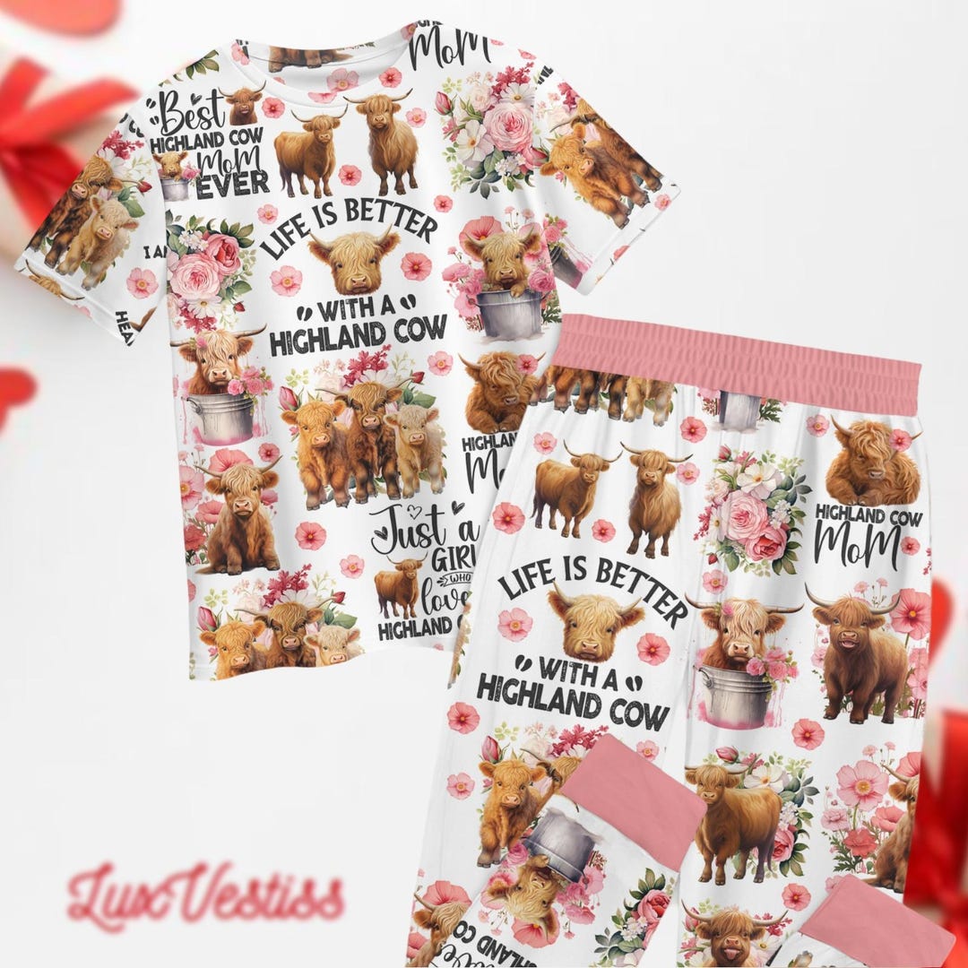 Highland Cow Valentine Pajamas Set, Buffalo Holiday Pajamas, Cute ...