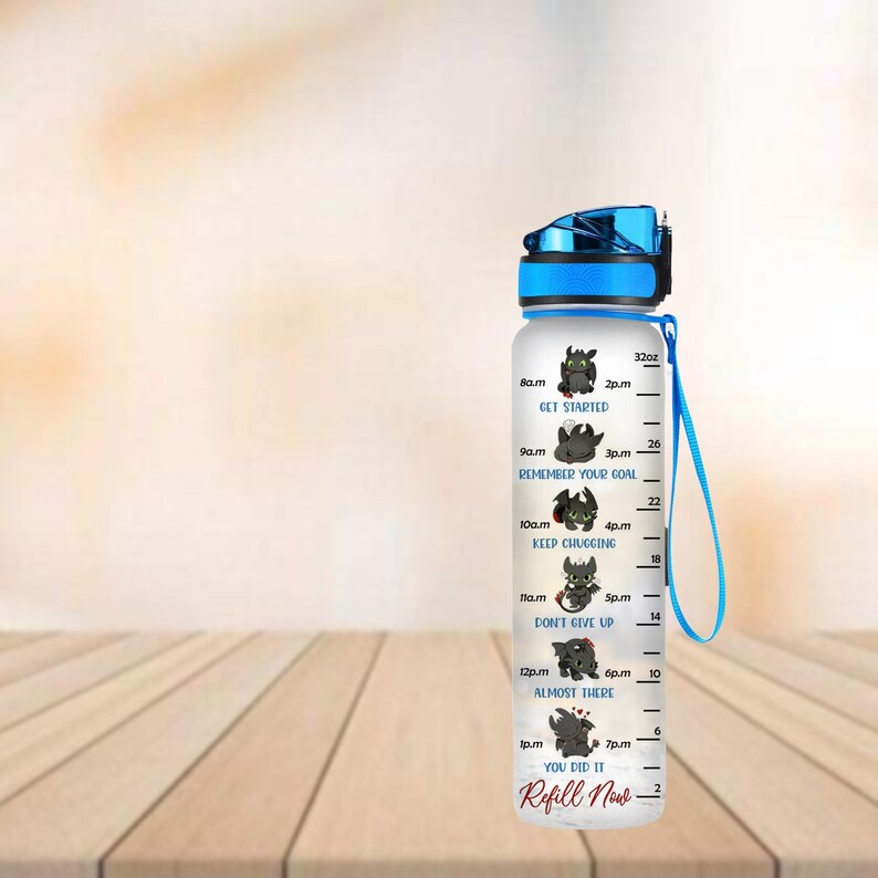 Custom Toothless Water Tracker Bottle, Cute Dragon Water Bottle 32oz ...