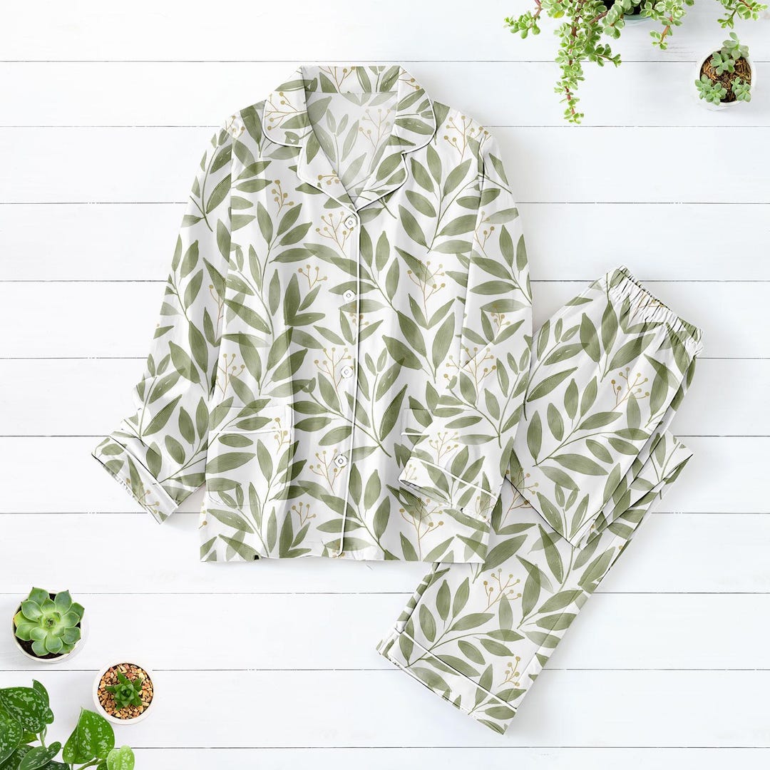 Olive Leaf Pajama Set, Green Botanical Women Pajamas, Vintage Nature ...