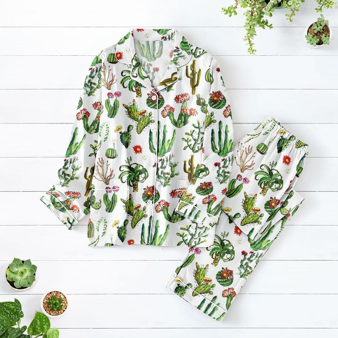 Cactus Floral Pajama Set, Watercolor Plant Women Pajamas, Botanical ...