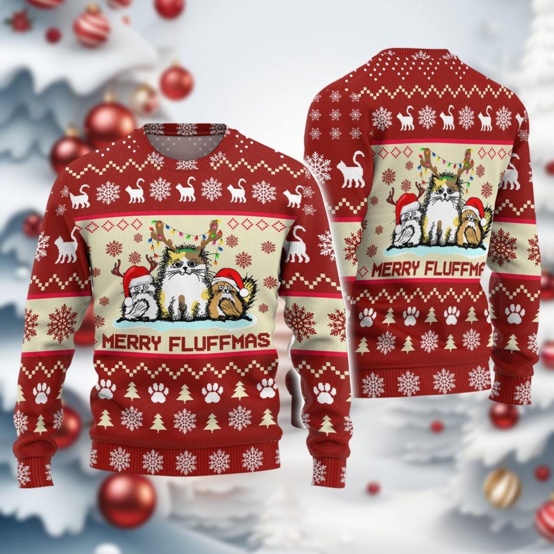 Cat Santa Ugly Christmas Sweater, Cat Reindeer Bow Xmas Sweater, Cute ...