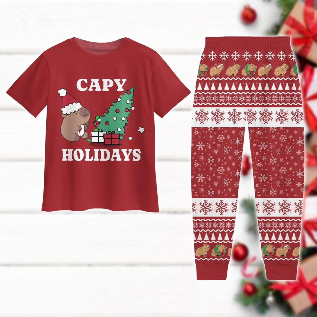 Capybara Christmas Pajamas Set, Capy Holidays Set of Pajamas, Santa ...