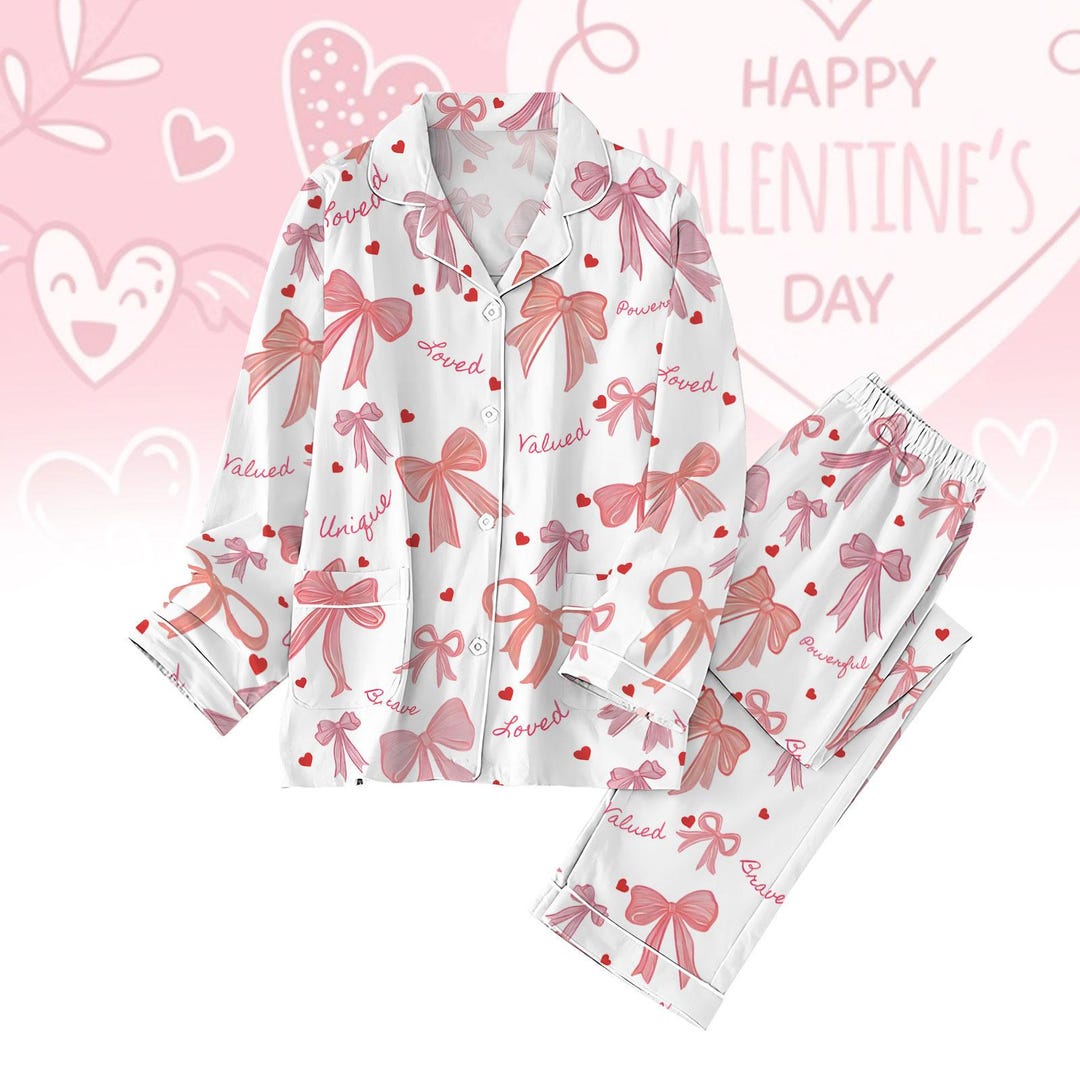 Pink Bow Valentine Pajamas Set, Coquette Bows Holiday Pajamas, Matching ...
