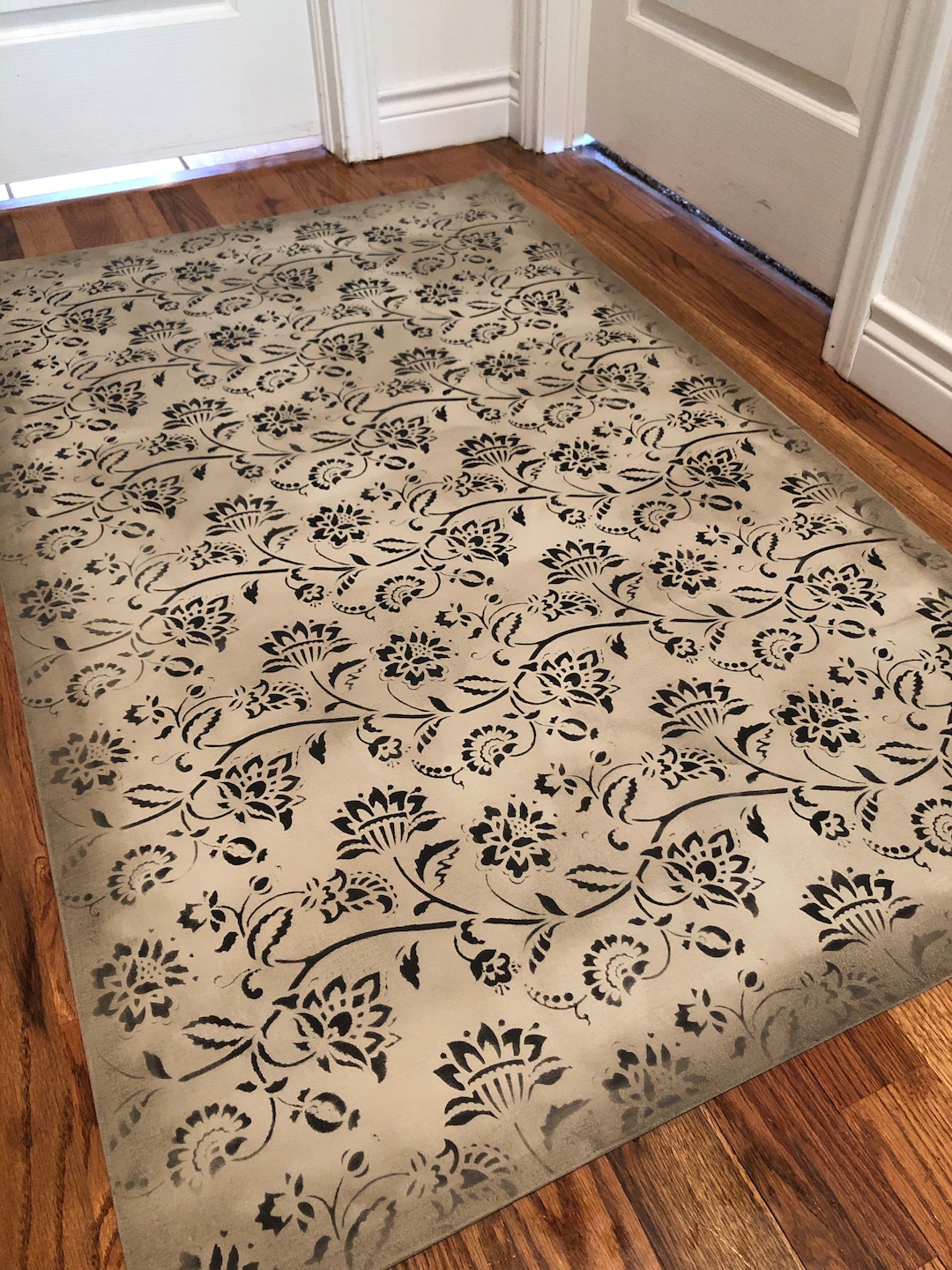 Hand Painted Floorcloth Area Rug in a Brand New Jacobean Floral Design ...