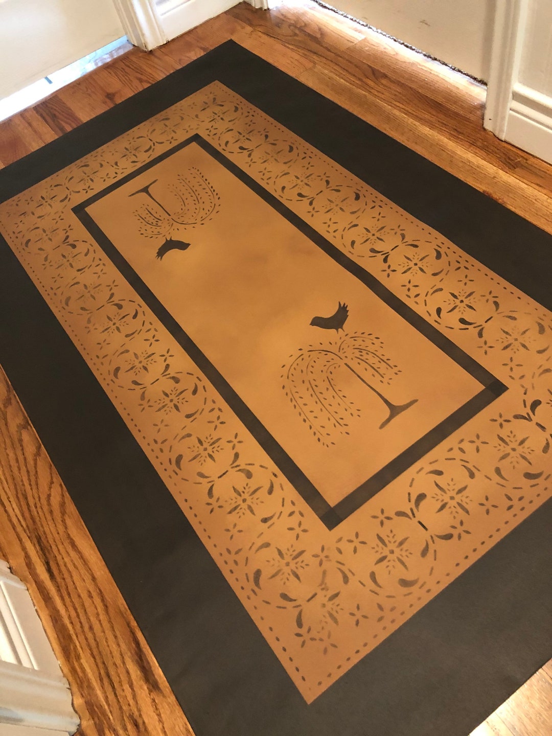 Early American Floorcloth Area Rug. Primitive Floor Cloth. Bird in ...