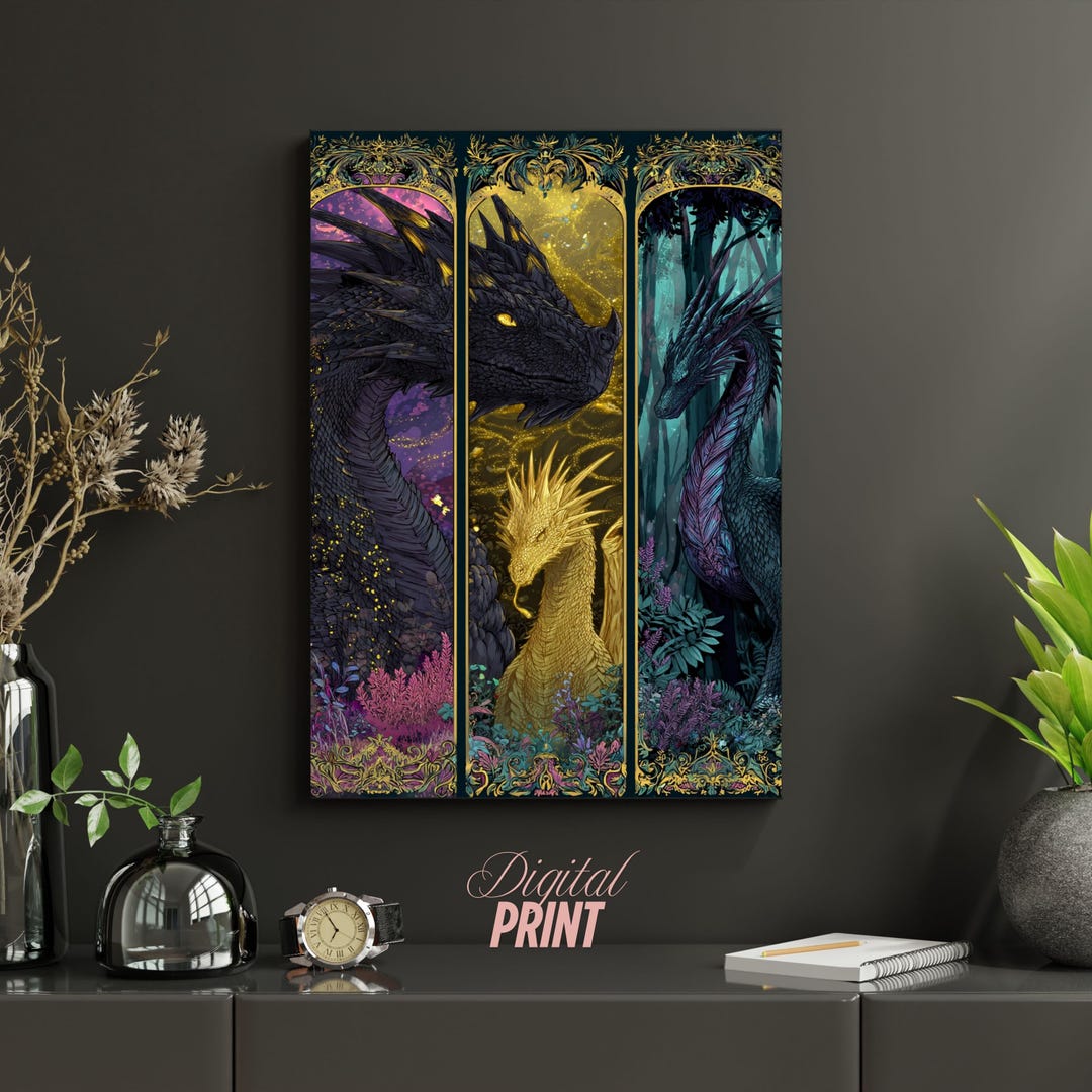 Gothic Dragon Triptych Print • Art Nouveau Fantasy Wall Art (digital ...