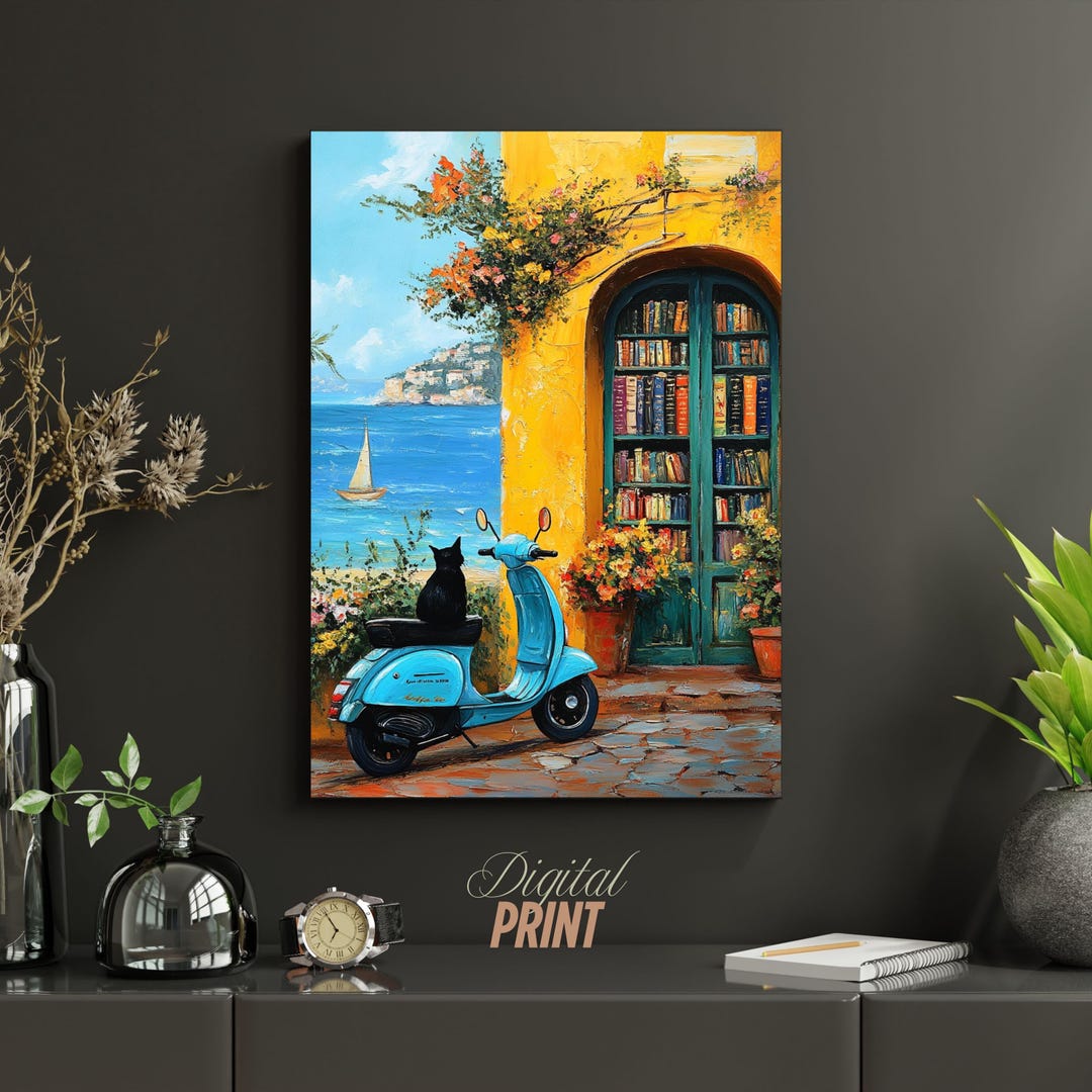 Coastal Italian Street Art - Vespa Scooter and Cat Digital Wall Art ...