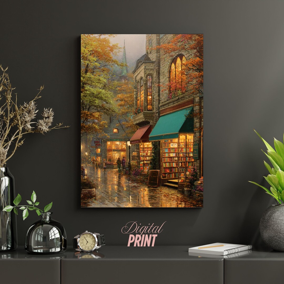 Winter Door Decor, Cozy Bookstore Autumn Street Print: Rainy City Wall ...