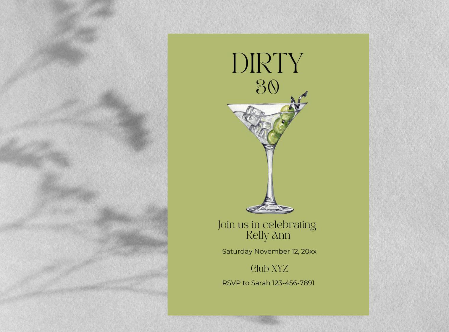 Dirty 30 Birthday Invitation |martini Birthday Invite| Editable ...