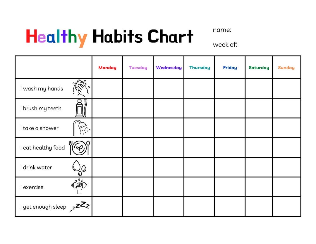 Colorful Healthy Habits Chart - Printable - Etsy