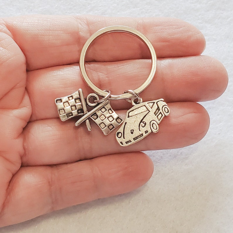 Race Car Keychain: Antique Silver Racing Charm, Checkered Flag - Etsy