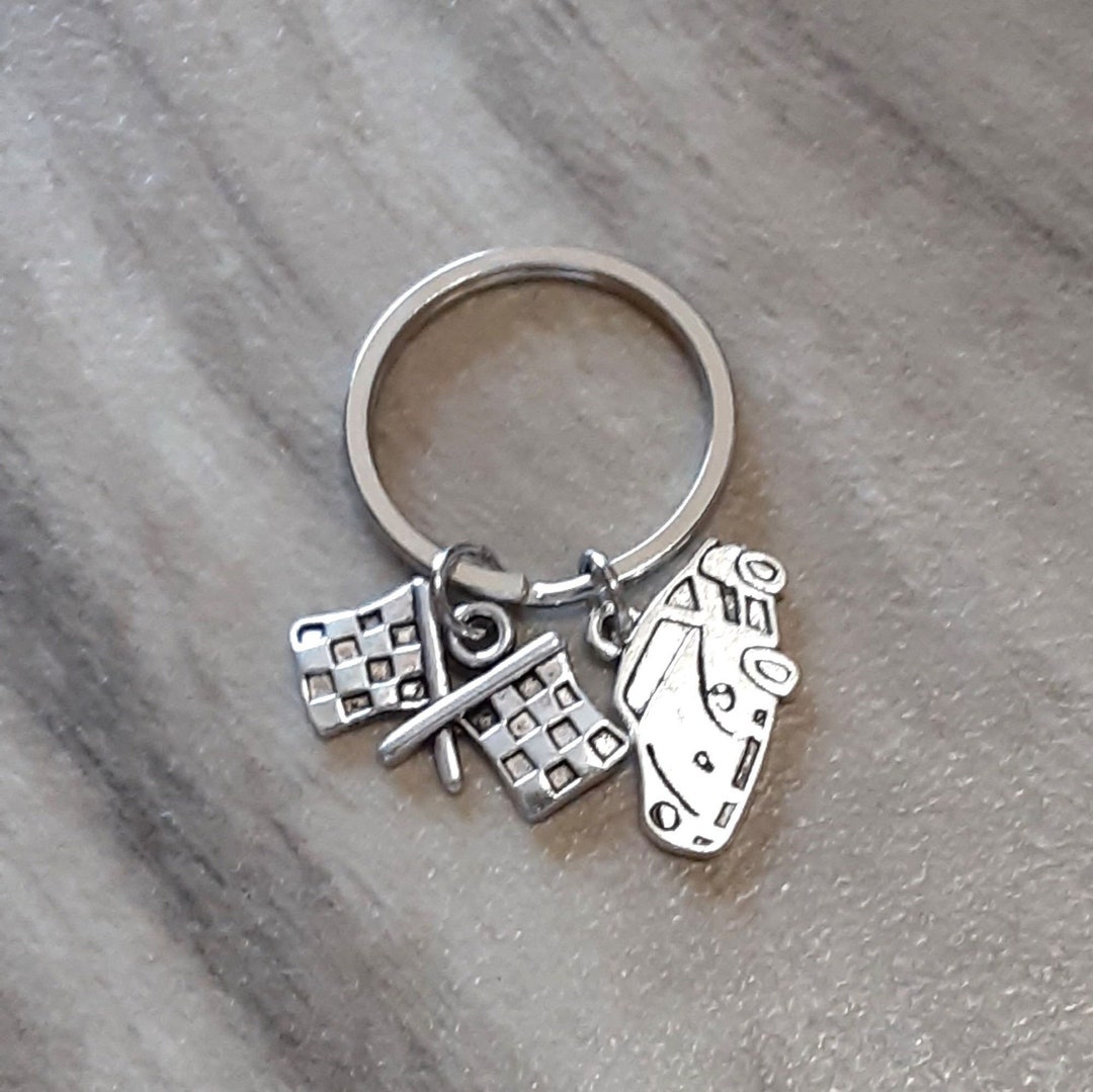 Race Car Keychain: Antique Silver Racing Charm, Checkered Flag - Etsy