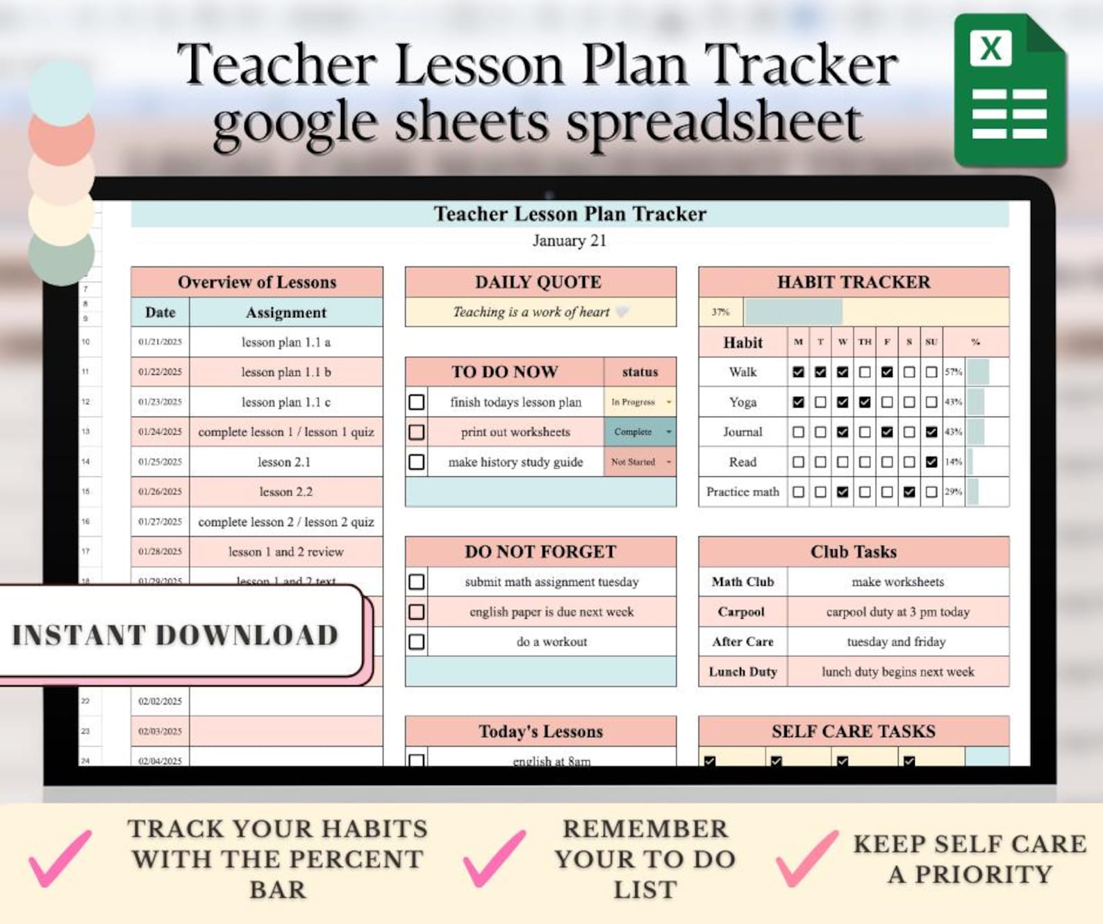Teacher Lesson Plan Tracker, Teacher Assignment Task Spreadsheet ...