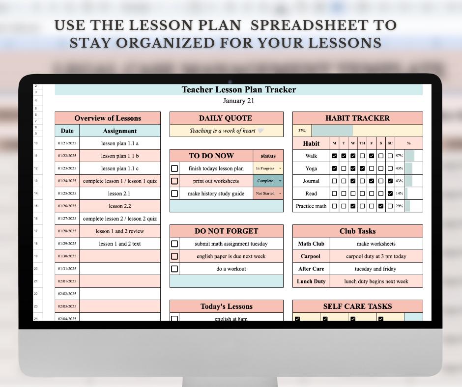 Teacher Lesson Plan Tracker, Teacher Assignment Task Spreadsheet ...