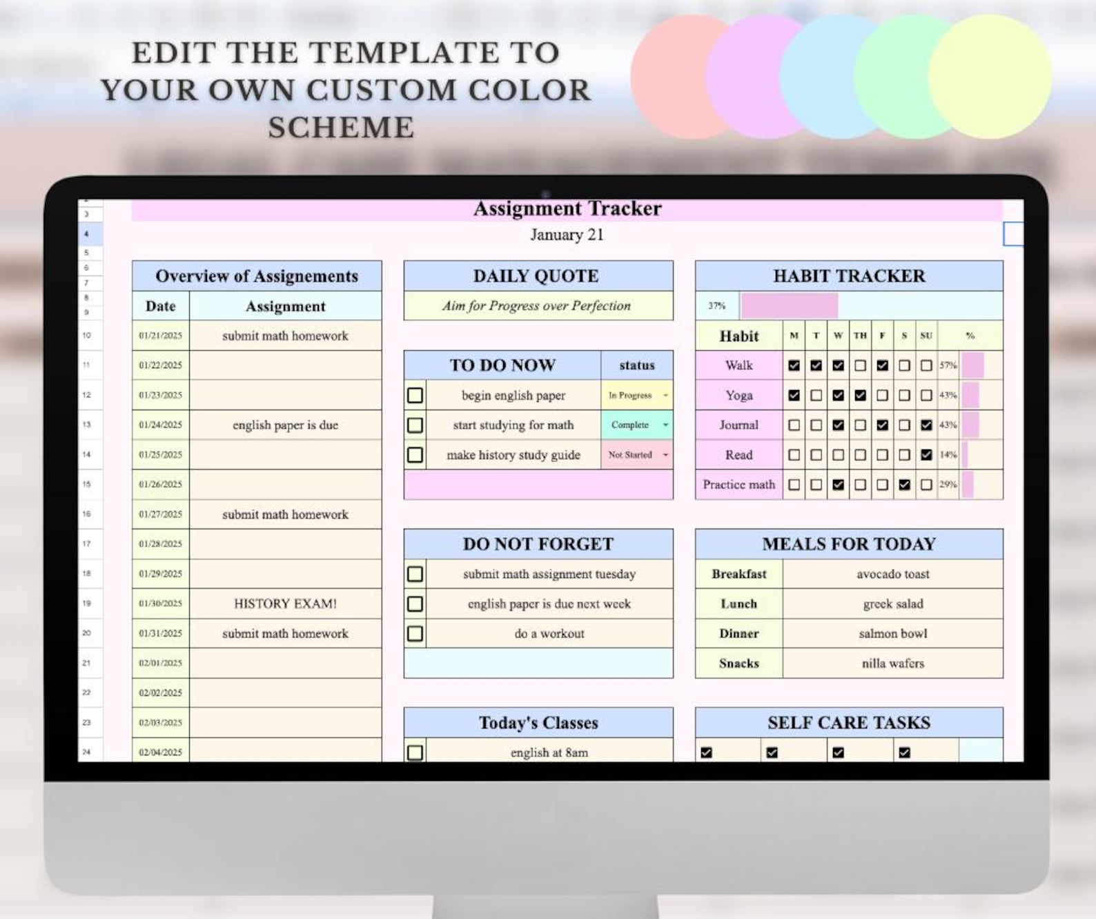 Academic Student Planner Spreadsheet | School Assignment Tracker ...