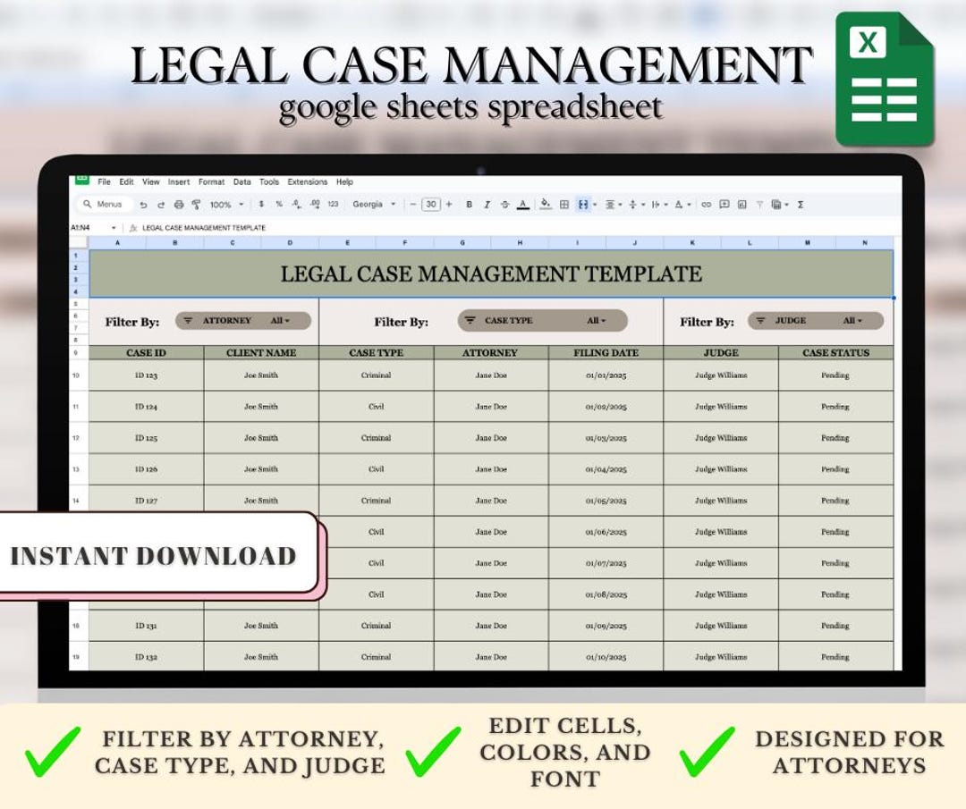 Legal Case Management Template | Google Sheets Project Management Tracker for Lawyers | Task ...