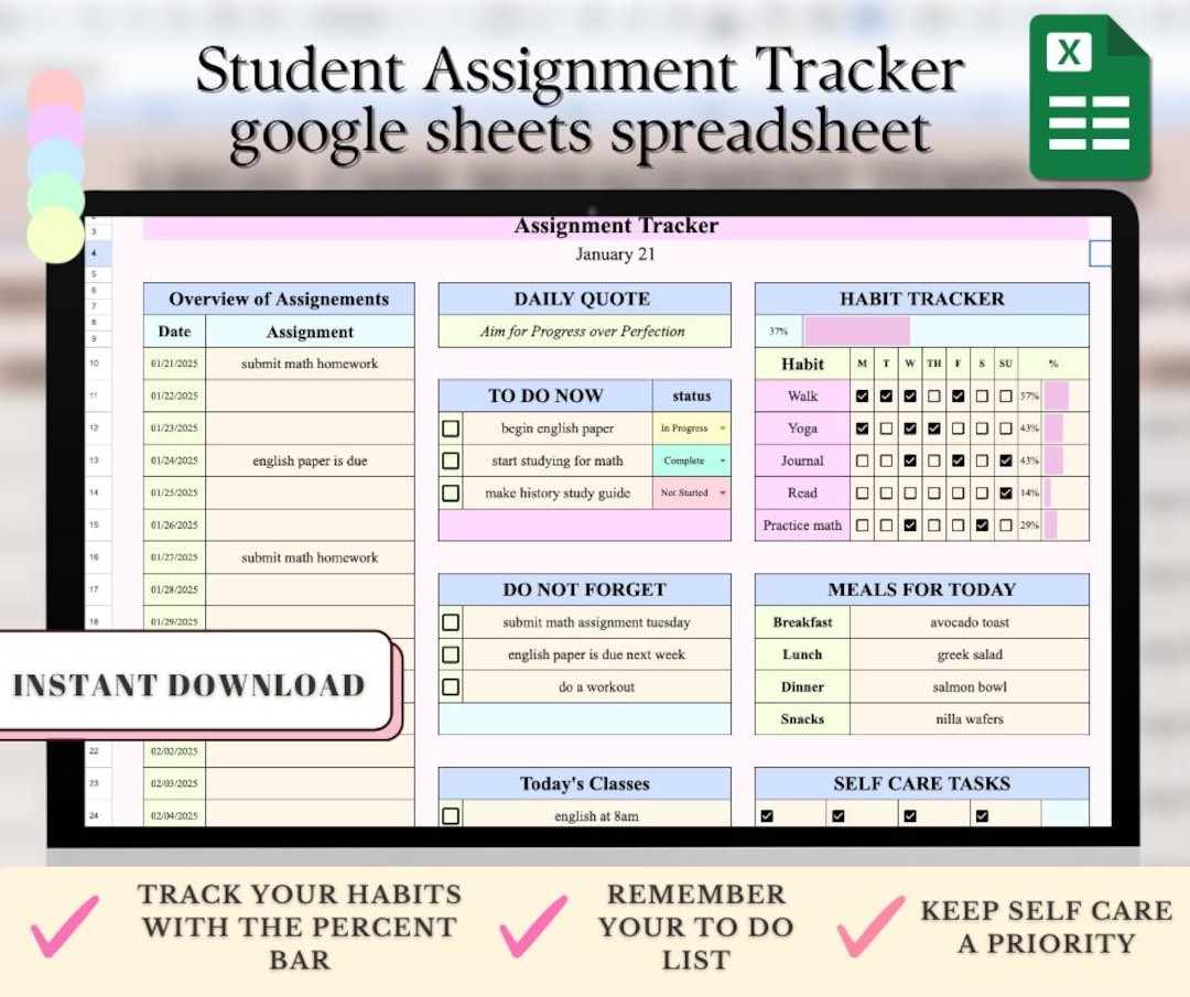 Academic Student Planner Spreadsheet | School Assignment Tracker ...