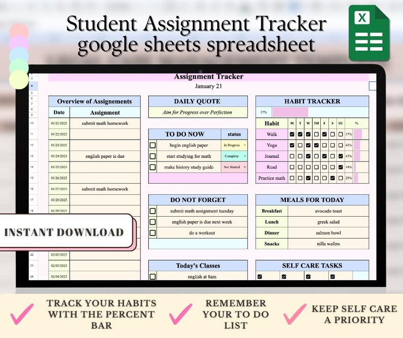 Academic Student Planner Spreadsheet | School Assignment Tracker ...