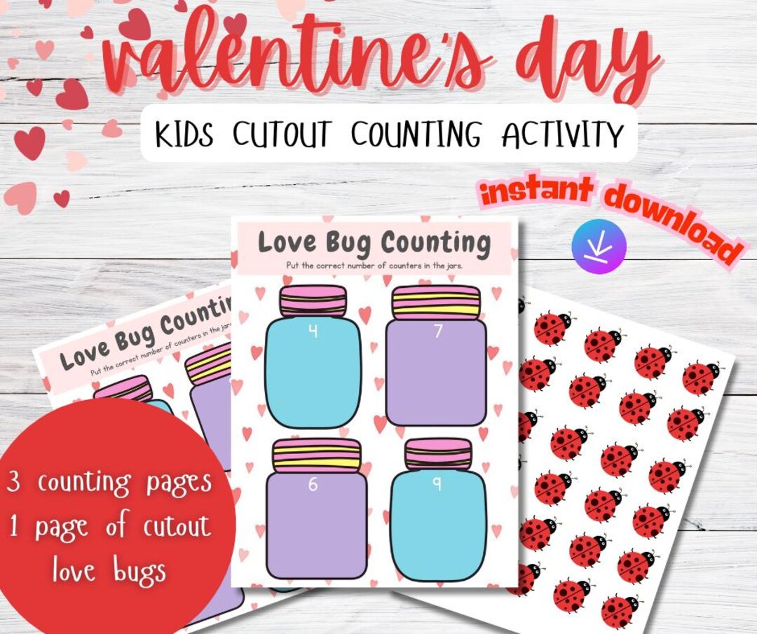 Valentine’s Day Cut Out Counting Activity for Kids Love Bug, Classroom ...