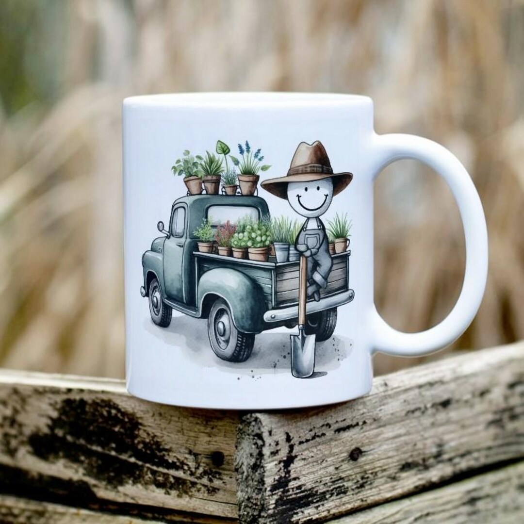 Gardening Mug Stick Figure Man Pickup Truck With Plants Ceramic 11oz ...