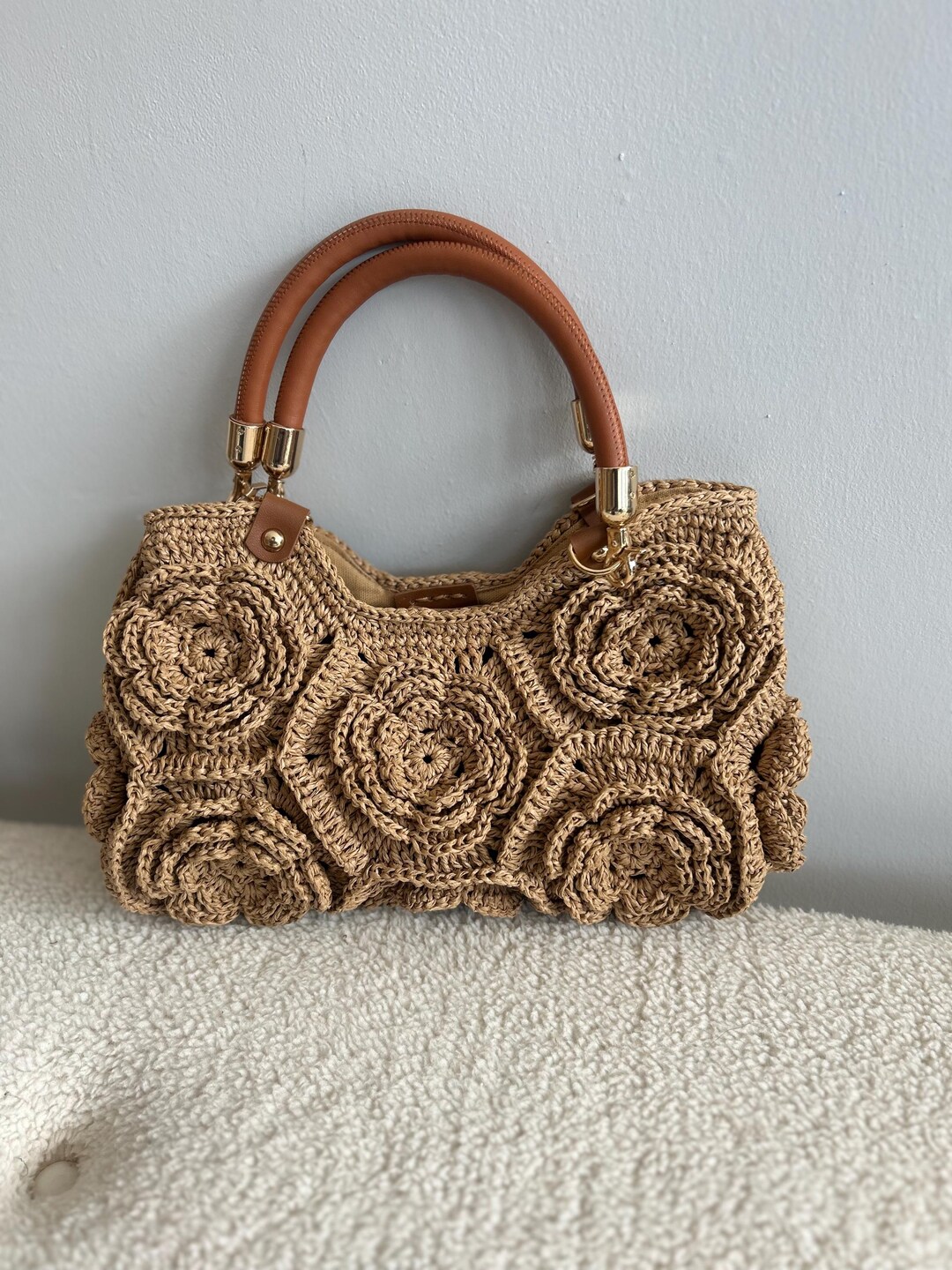 Handmade Paper Rope Crochet Bag With Floral Design Boho Style Handwoven ...