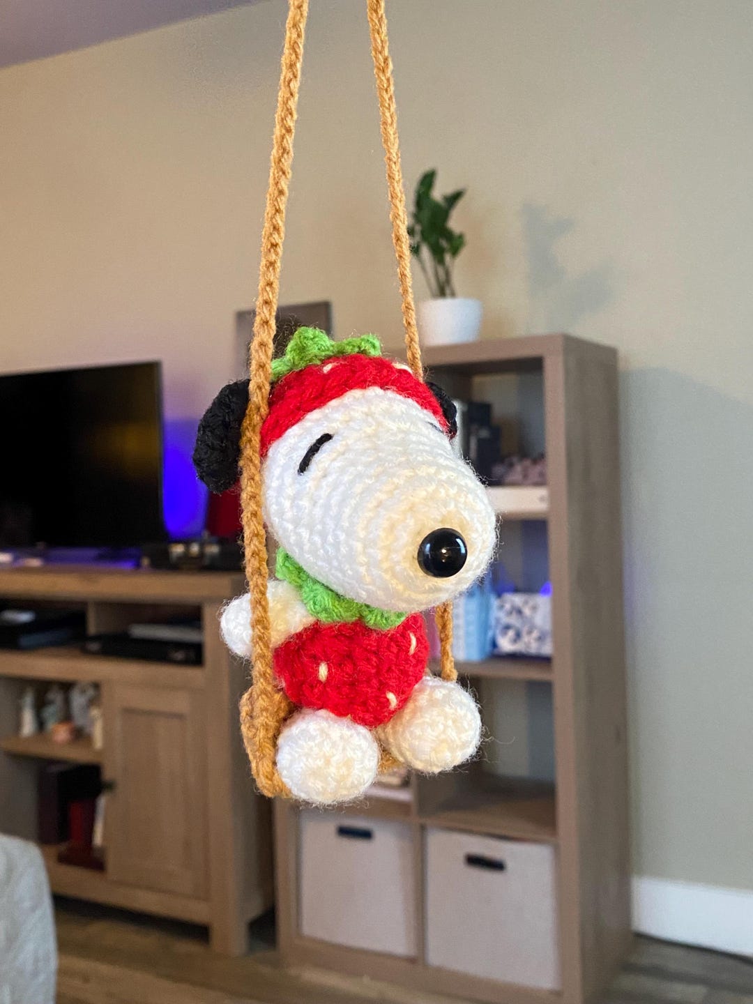 Crochet Snoopy in a Strawberry Costume, Car Hanger, Crochet Dog ...