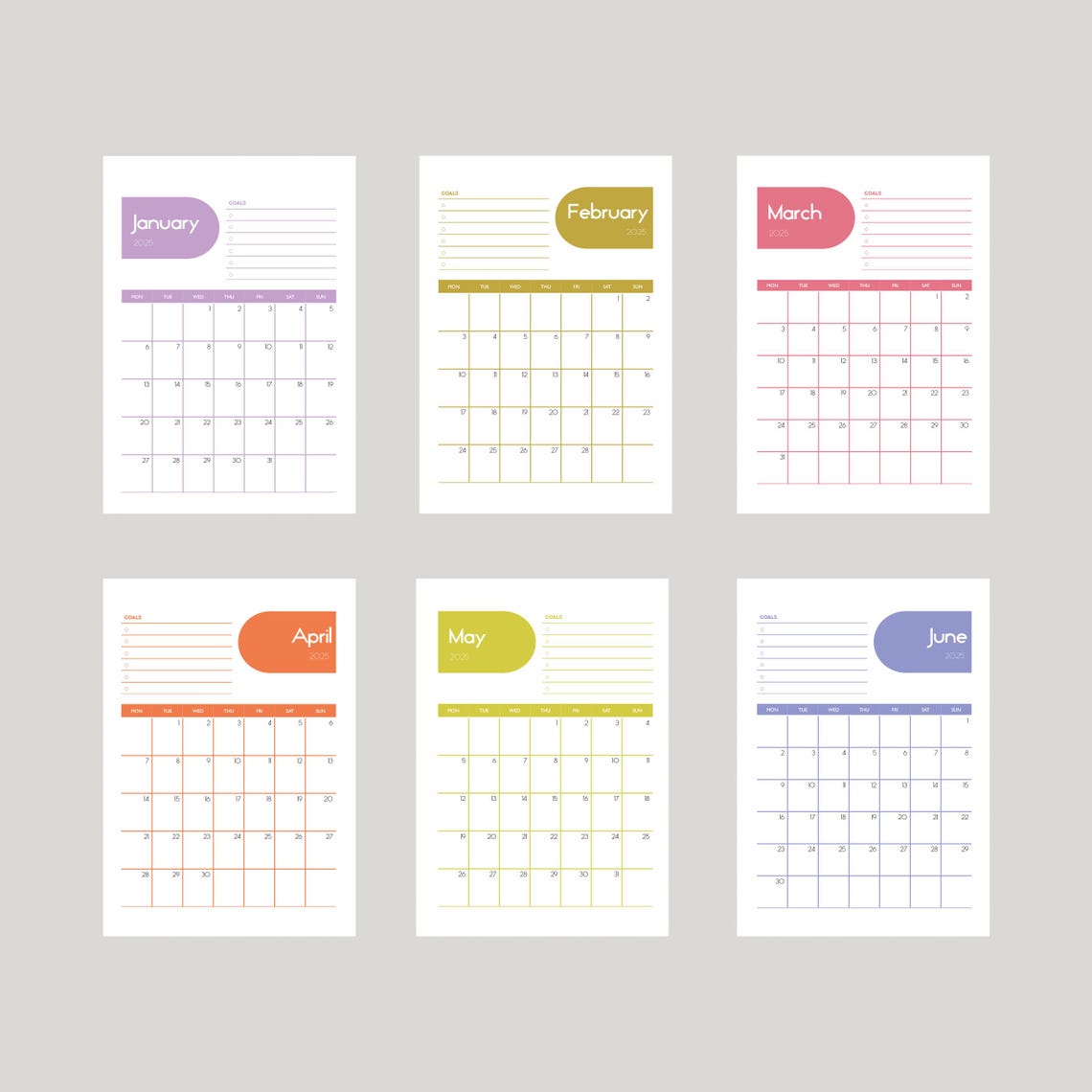 2025 Monthly Planner, Basic Bright Colors Theme Calendar, Digital ...