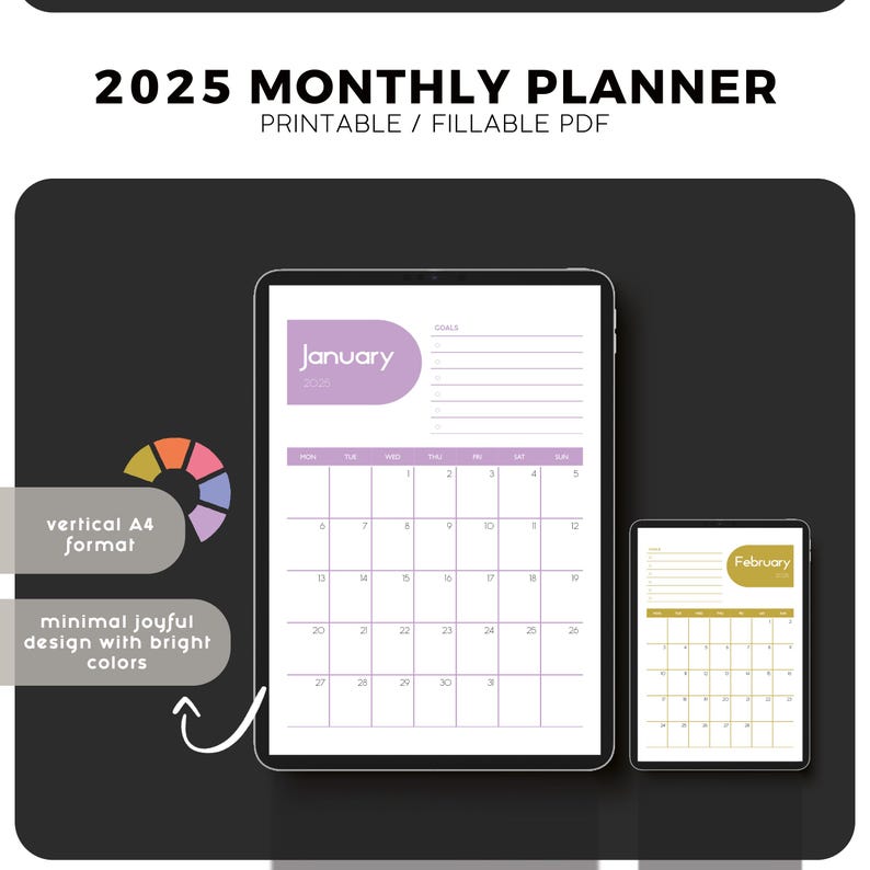2025 Monthly Planner, Basic Bright Colors Theme Calendar, Digital ...