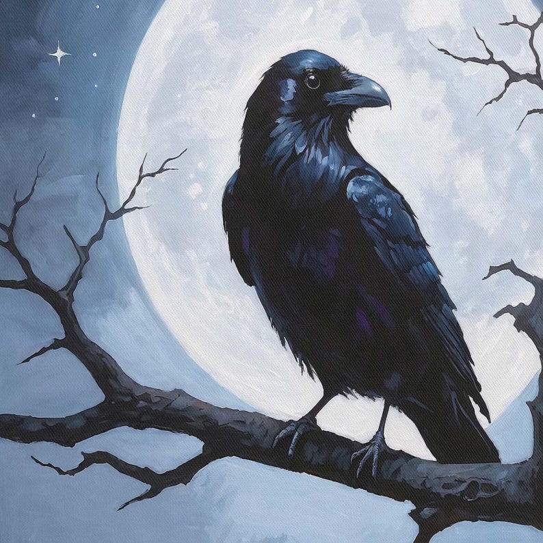 Raven Canvas Wall Art - Moonlit Gothic Canvas Painting of a Raven in a ...