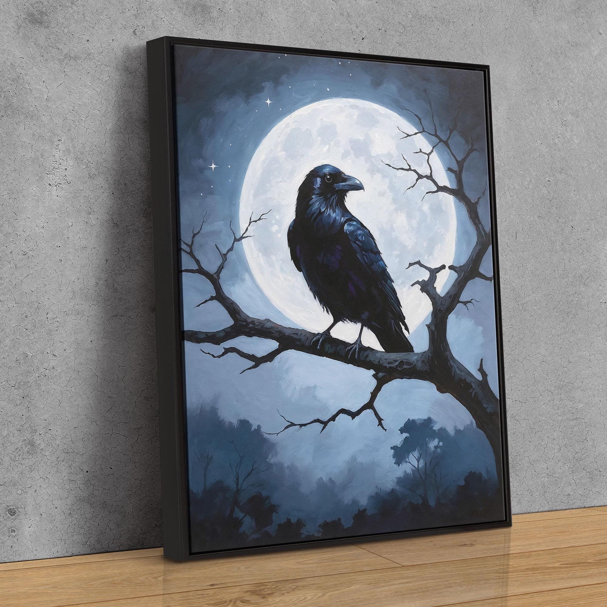 Raven Canvas Wall Art - Moonlit Gothic Canvas Painting of a Raven in a ...