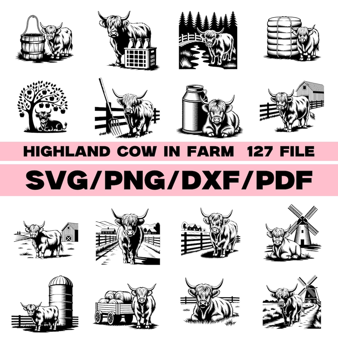 Highland Cow Farm Scene SVG Bundle for Crafts and Cutting Machines ...