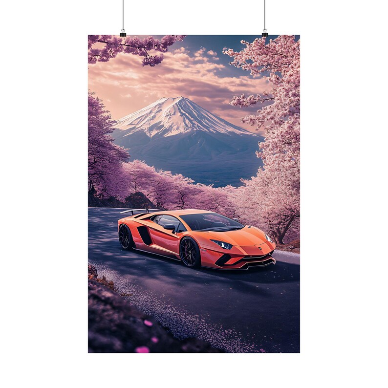 Orange Lamborghini Aventador Poster Cherry Blossoms Landscape With ...