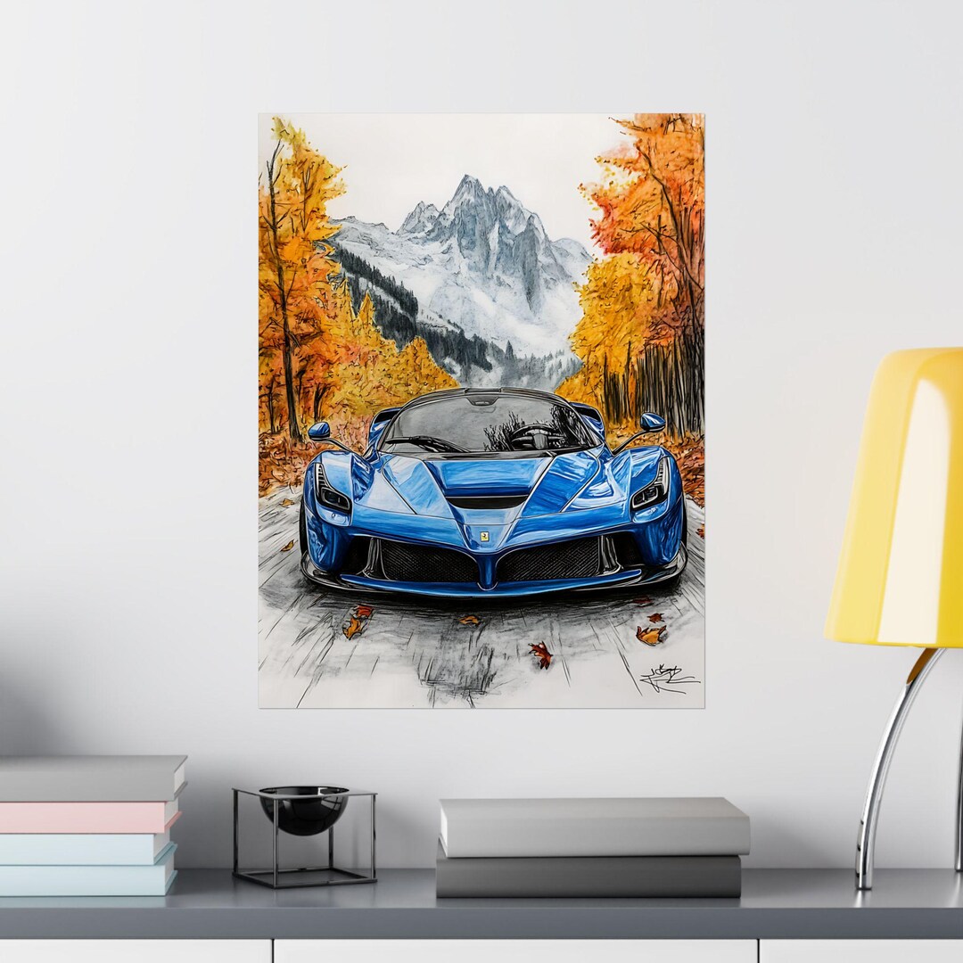 Blue Ferrari Laferrari Poster Offroad Fall Sketch With Trees Mountain ...