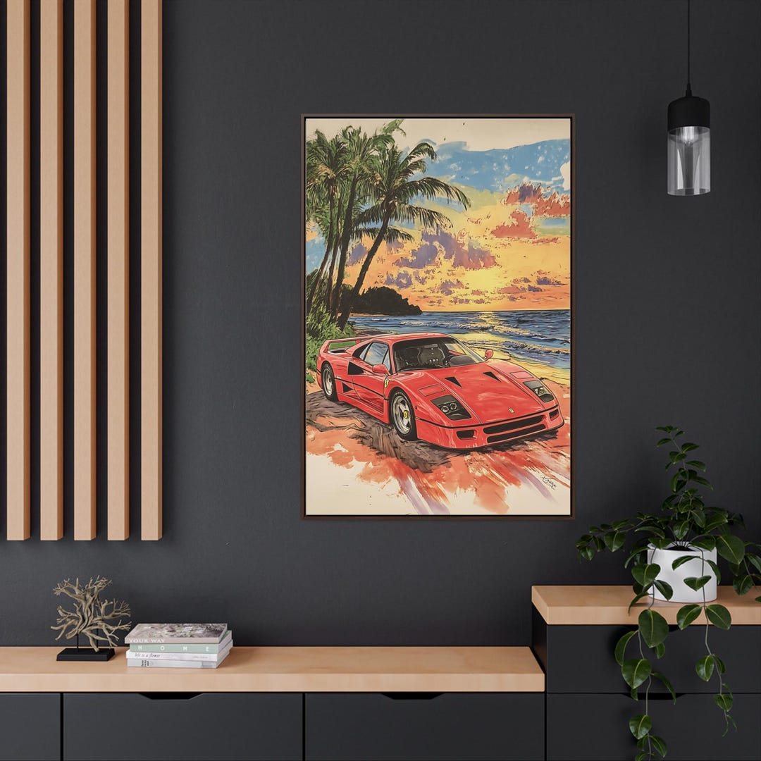 Red Ferrari F40 Poster at the Beach With Ocean Sunset Tropical Trees ...