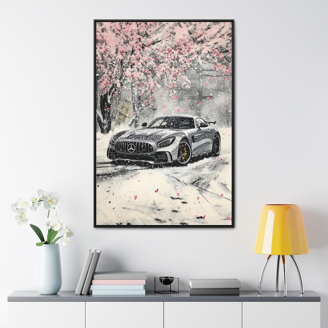 Silver Mercedes GTR Poster in Snow With Cherry Blossoms Pastel Sketch ...