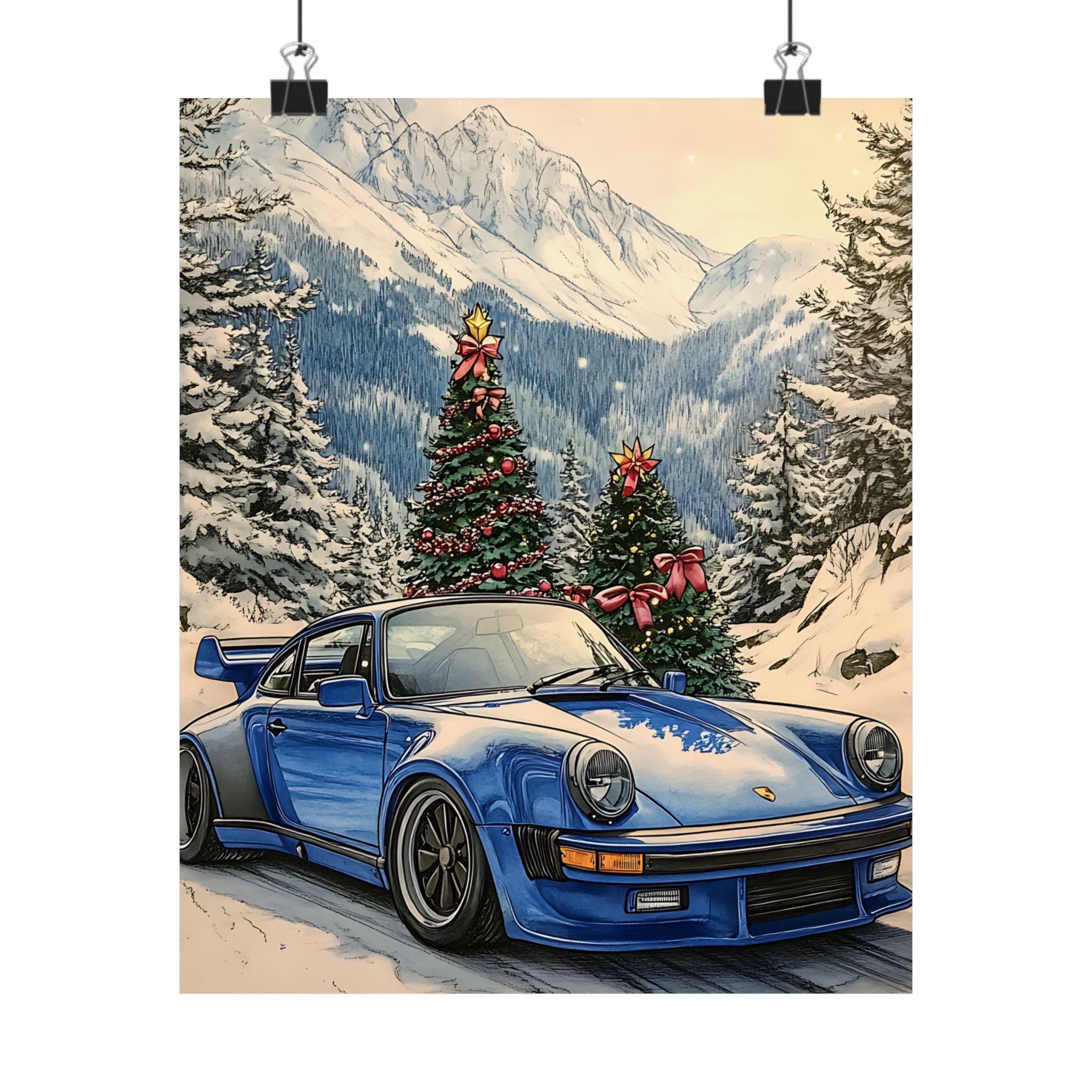 1974 RWB Poster Porsche Turbo Blue Sketch With Christmas Tree Snowy Off ...