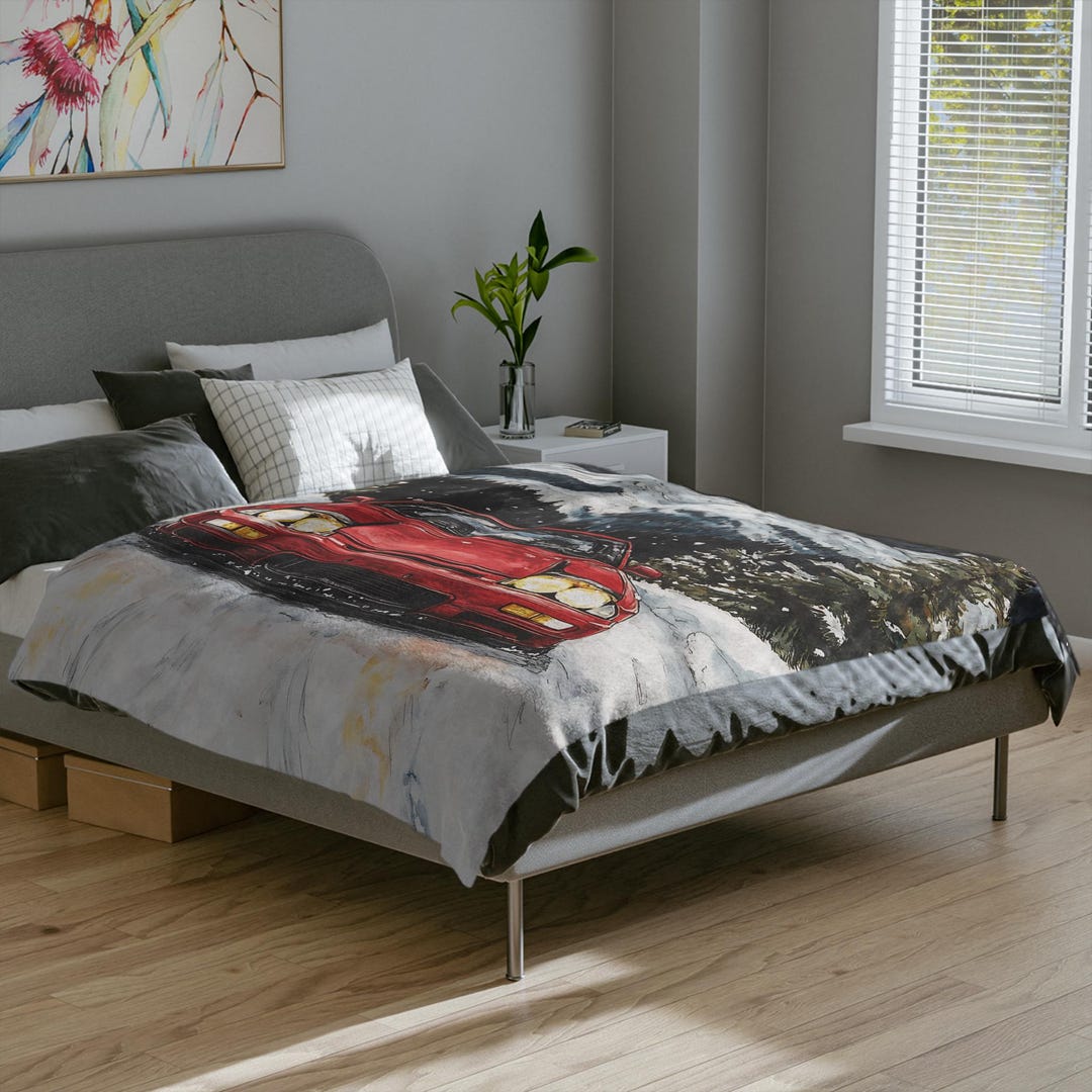 1993 Red Nissan 240SX Blanket Sketch of Car With Snowy Mountains Pine Trees Perfect for Car ...