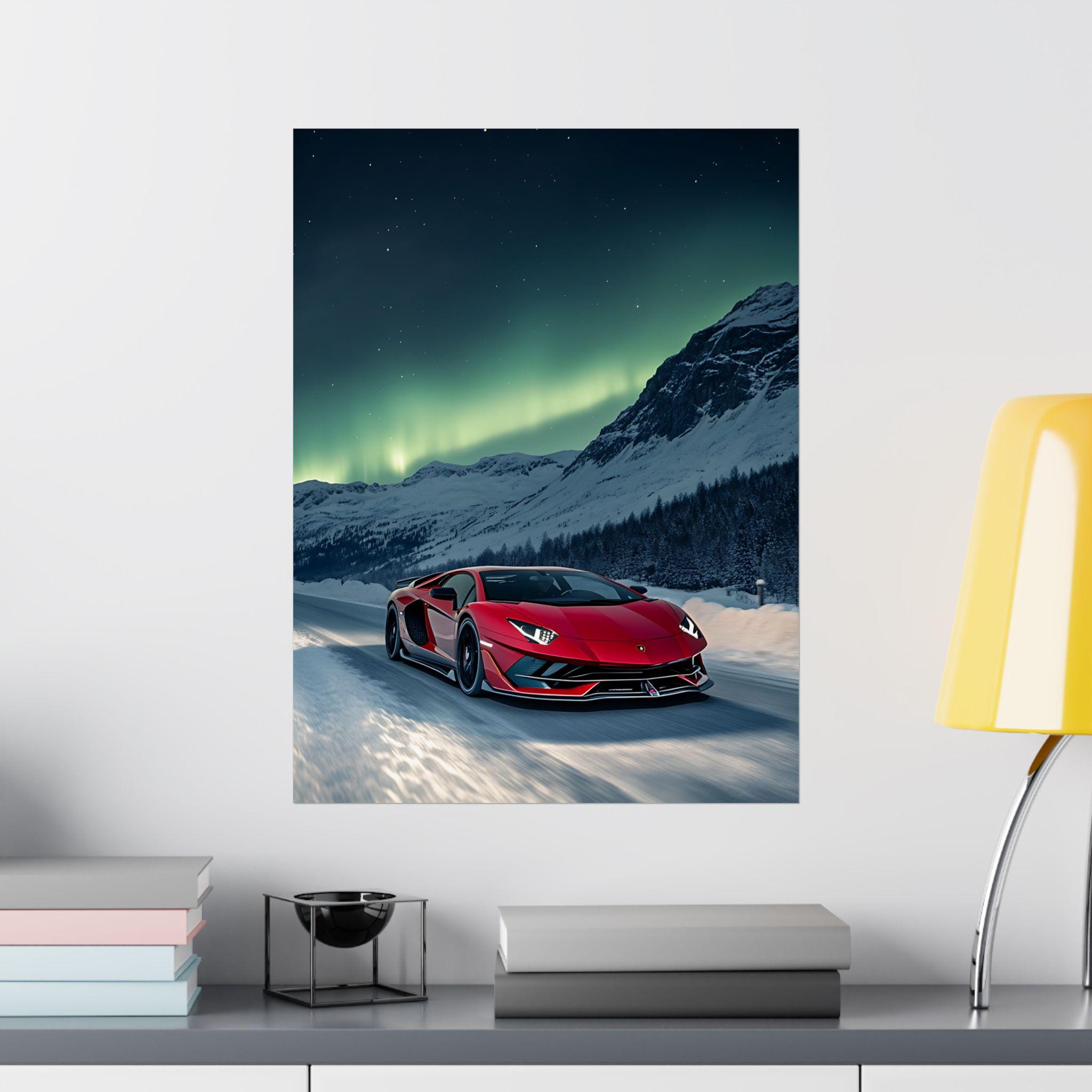 Red 2022 Lamborghini Aventador SVJ Poster With Northern Lights ...