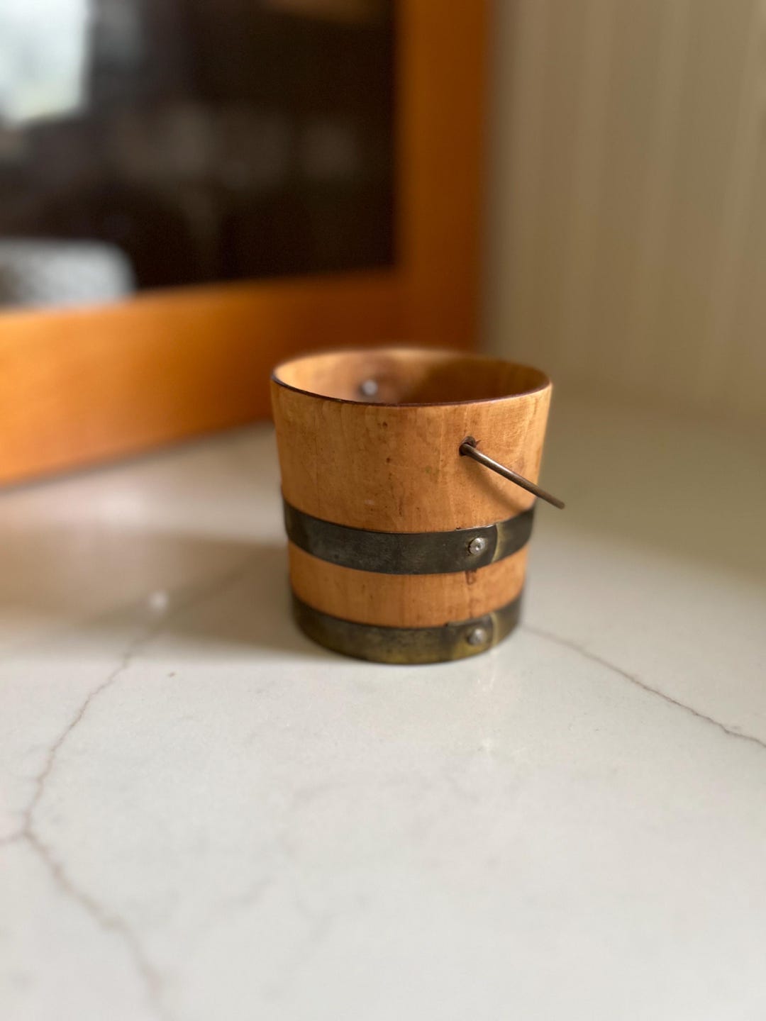 Vintage Miniature Wooden Bucket Pail With Brass Straps Primitive Decor ...