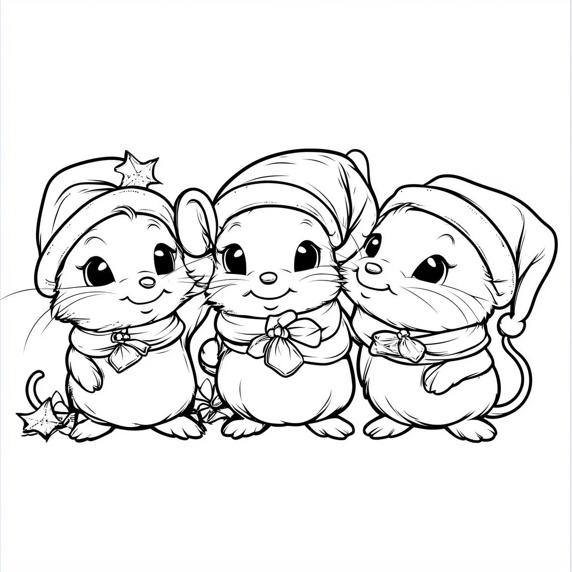 6 Pages of 3 Cute Christmas Mice, Coloring Pages for Children. - Etsy