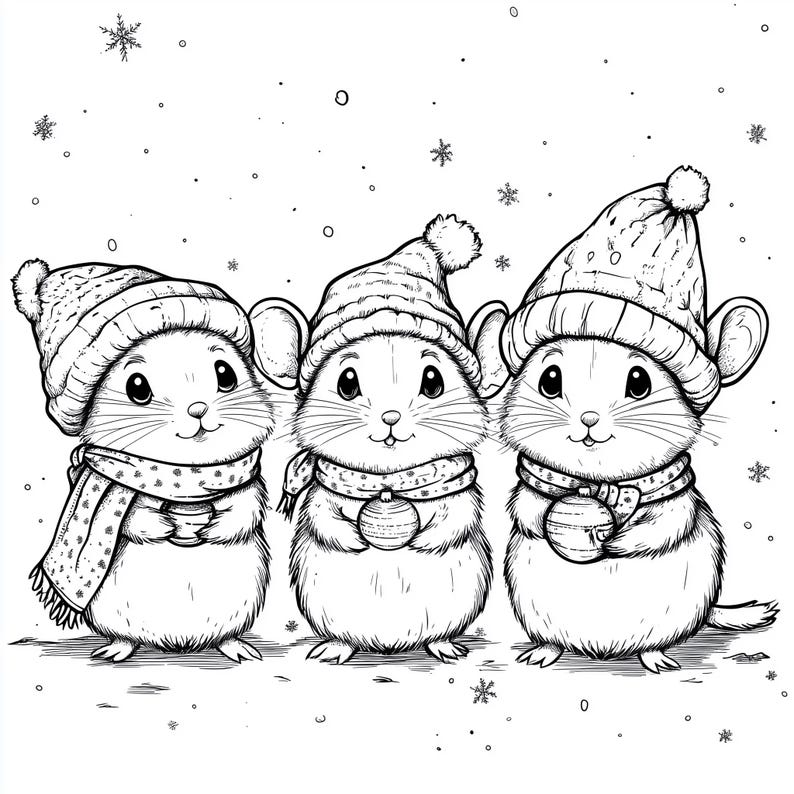 6 Pages of 3 Cute Christmas Mice, Coloring Pages for Children. - Etsy