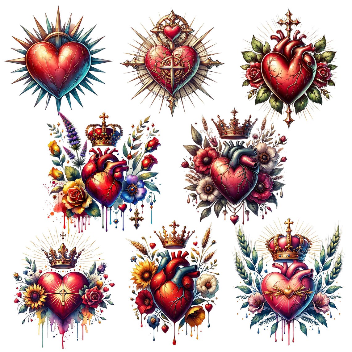 Sacred Hearts Clipart Watercolor Religious Heart Symbols, Vintage Jesus ...