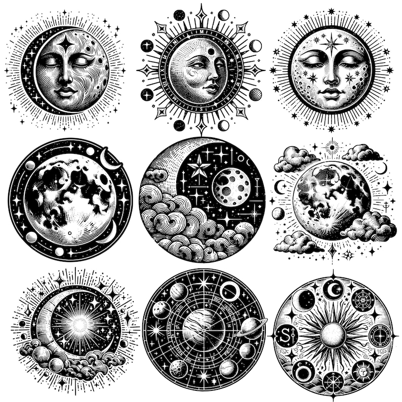 Vintage Celestial Clipart Pack Sun Moon Phase, Stars Illustrations Png ...