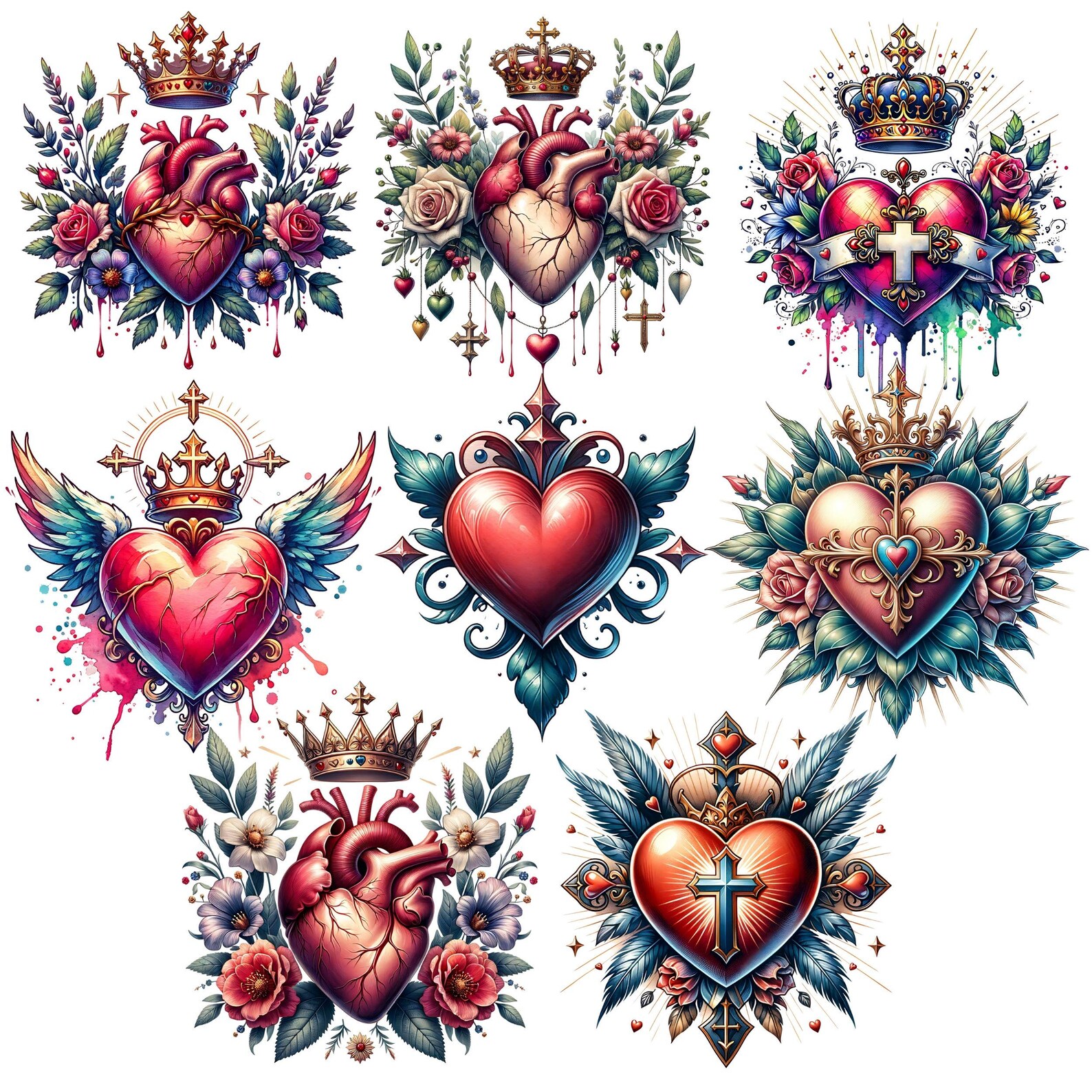 Sacred Hearts Clipart Watercolor Religious Heart Symbols, Vintage Jesus ...