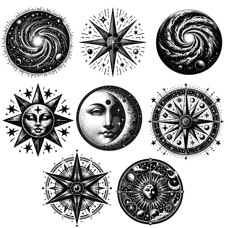 Vintage Celestial Clipart Pack Sun Moon Phase, Stars Illustrations Png ...