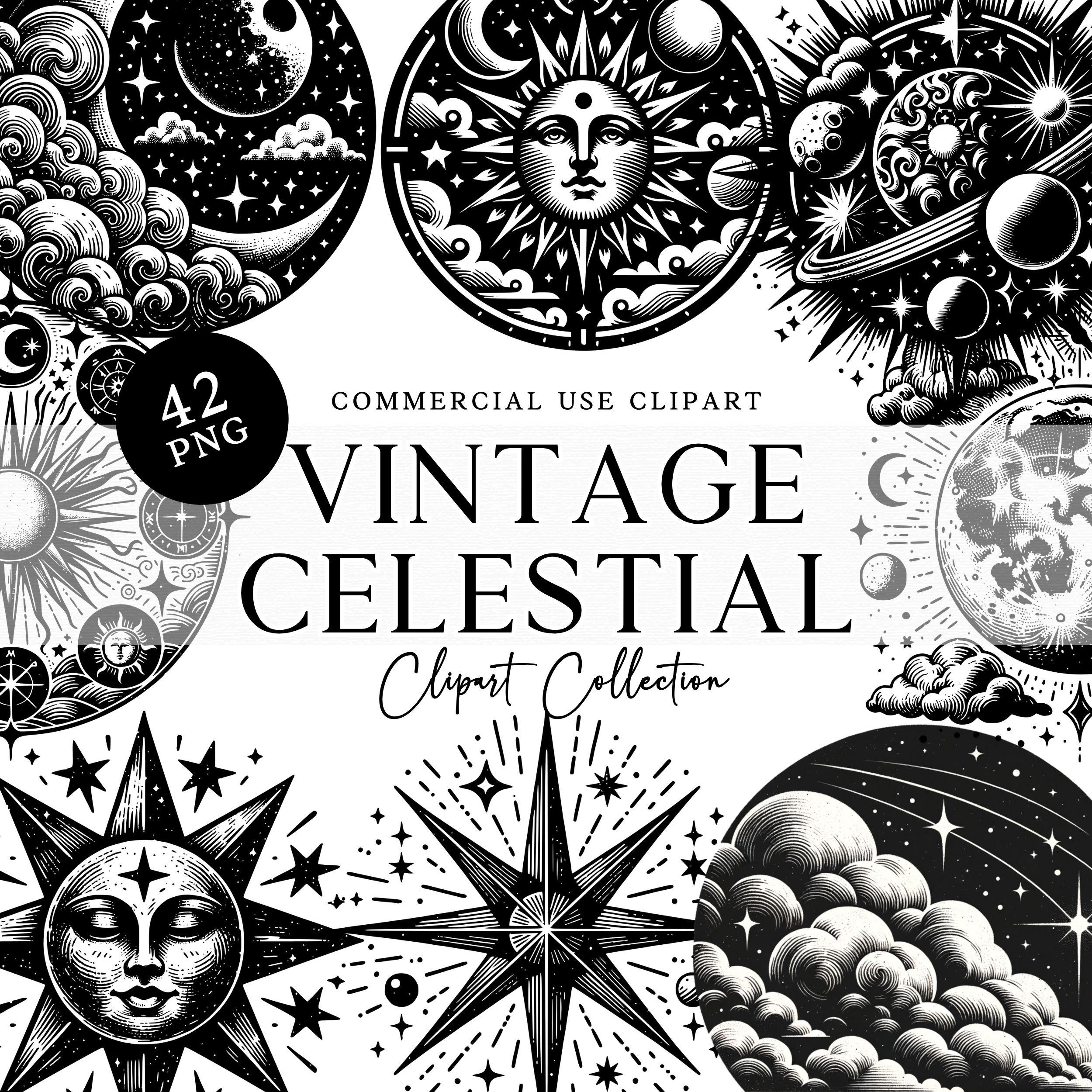 Vintage Celestial Clipart Pack Sun Moon Phase, Stars Illustrations Png ...